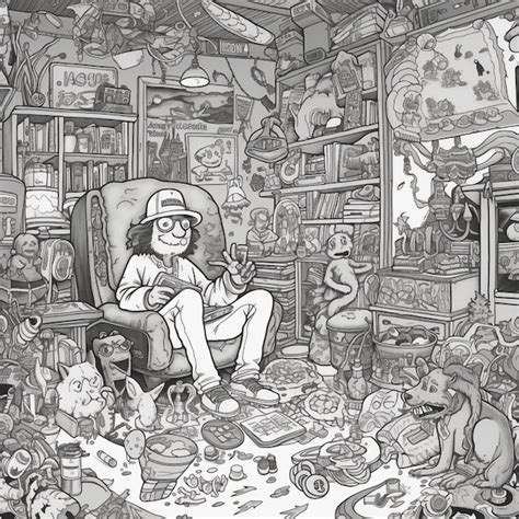 많은 항목이 있는 방에 있는 소년의 흑백 그림 프리미엄 사진