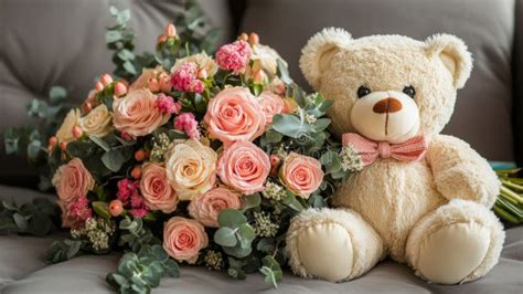 Lovely Pink Roses Bouquet With A Cute Teddy Bear Stock Illustration