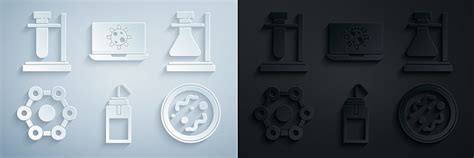 실험실 세척 병 시험관 플라스크를 스탠드에 놓고 화학식 박테리아 노트북 및 아이콘을 설정합니다 벡터 3차원 형태에 대한 스톡 벡터 아트 및 기타 이미지 Istock