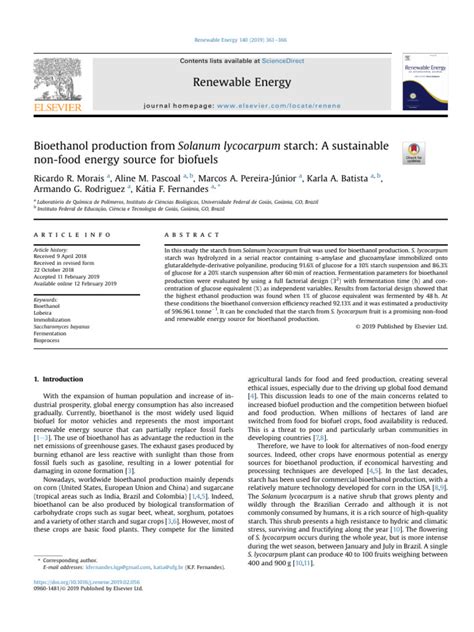 Bioethanol Production From Solanum Lycocarpum Starch Pdf Starch Biofuel