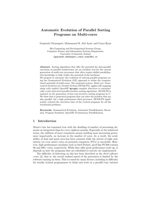 Pdf Automatic Evolution Of Parallel Sorting Programs On Multi Cores