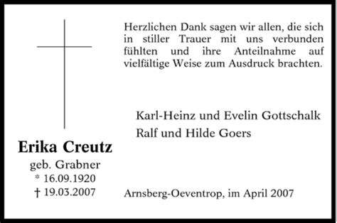 Traueranzeigen Von Erika Creutz Trauer In Nrw De