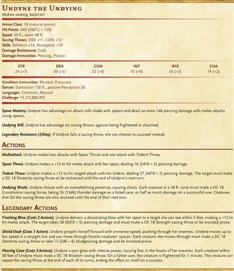 Undyne The Undying Stat Block Roleplaying Game Dnd Stats Video Games
