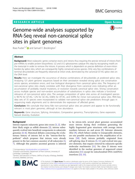 PDF Genome Wide Analyses Supported By RNA Seq Reveal Non Canonical Splice Sites In Plant Genomes