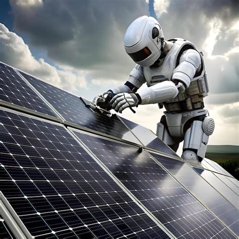 A Futuristic Robot Installs Solar Panels Symbolizing The Future Of