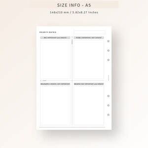Priority Matrix Template A5 Printable Inserts Productivity Planner Weekly To Do List Decision