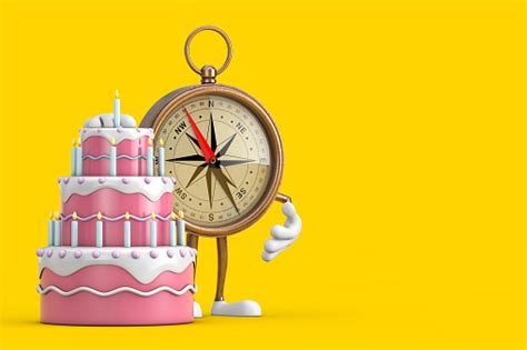 골동품 빈티지 황동 나침반 만화 사람 캐릭터 마스코트 생일 만화 디저트 계층 케이크와 양초 3d 렌더링 3차원 형태에 대한 스톡