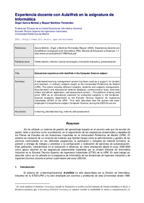 Pdf Experiencia Docente Con Aulaweb En La Asignatura De Informática
