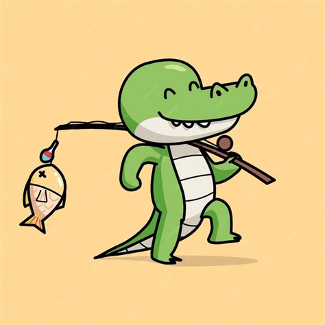 낚시 후 행복하게 걷는 귀여운 악어의 만화 그림 프리미엄 벡터