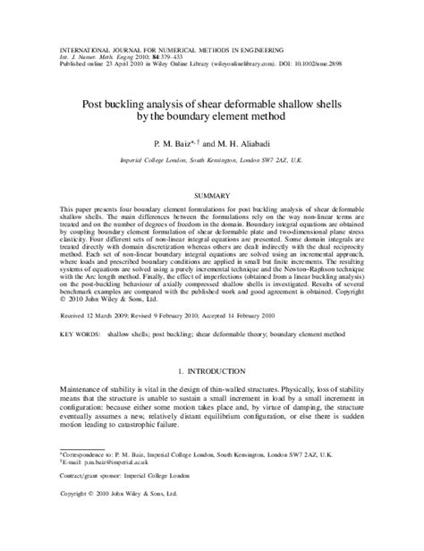 Pdf Post Buckling Analysis Of Shear Deformable Shallow Shells By The