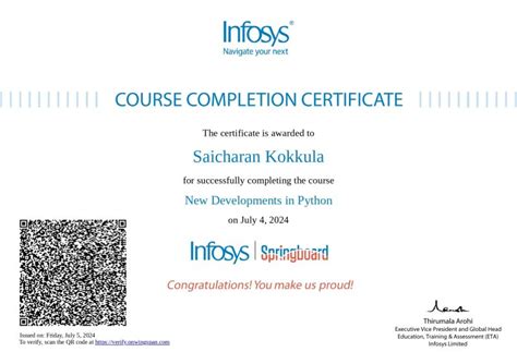 Completed Python Course With Infosys Springboard Saicharan Kokkula