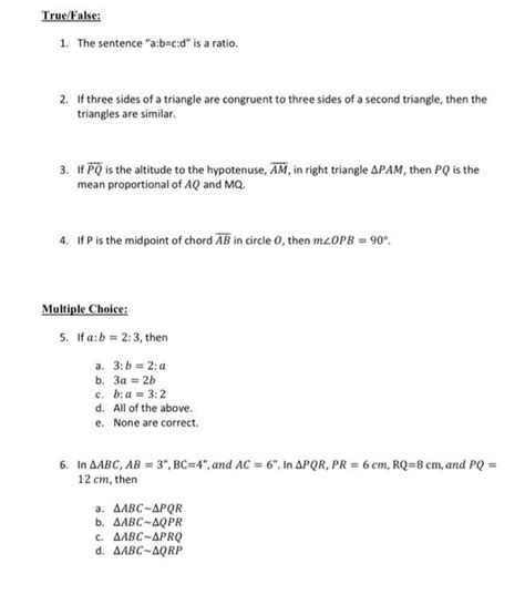 solved true false 1 the sentence a b c d is a ratio 2