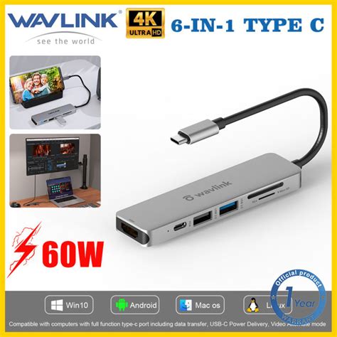 Wavlink Usb C Hub 4k Video Extender อลูมิเนียม Pd 7 In 1 Usb C เป็น Hdmi Usb A Microsd และ Sd