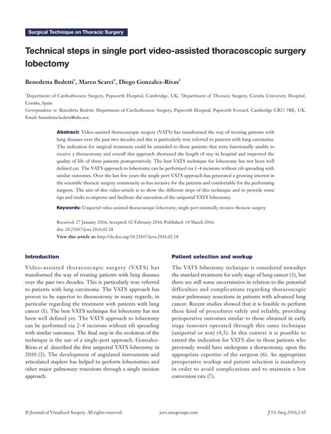Pdf Technical Steps In Single Port Video Assisted Thoracoscopic Surgery Lobectomy