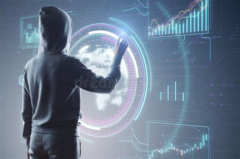 Back View Of Hacker In Hoodie Using Digital Business Interface On Gray Background Hacking And