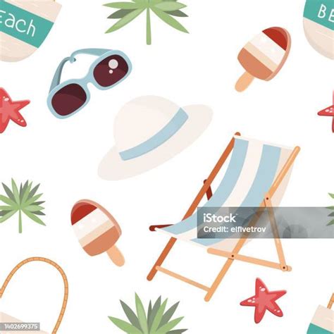 휴식 요소가있는 여름 해변 원활한 패턴 U2013 선글라스 여름 모자 비치 데크 의자 불가사리 벡터 일러스트 레이 션 갑판 의자에 대한 스톡 벡터 아트 및 기타 이미지