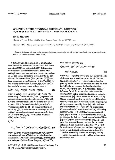 Pdf Solution Of The Non Linear Boltzmann Equation For Test Particle Diffusion With Removal Effects