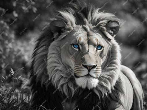 파란 눈을 가진 흑백 사자 프리미엄 사진