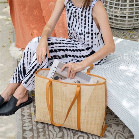 Brianna Large Woven Rattan And Leather Tote Large Size In Tan Pink