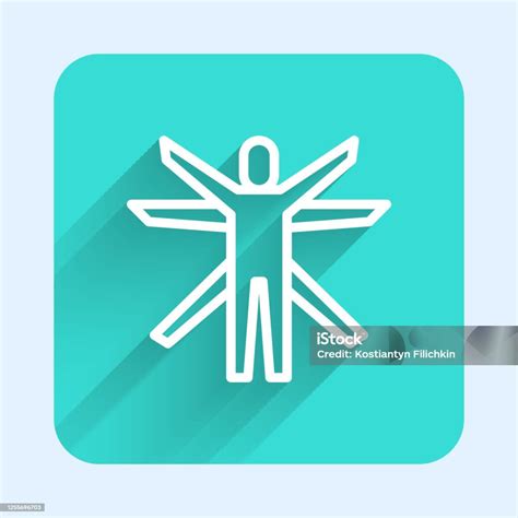 긴 그림자로 고립 된 레오나르도 다빈치 아이콘에 의해 화이트 라인 Vitruvian 남자 인간의 해부학 녹색 정사각형 버튼입니다