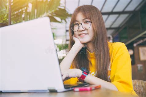 Glasses Nerd Hipster Asian Woman Sitting Smile In Glass Windows Cafe