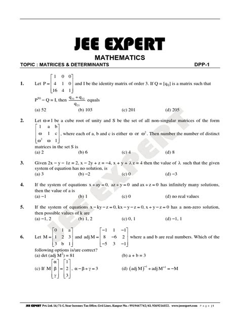 Dpp 1 Matrices And Determinants Sahay Sir Math Pdf Matrix