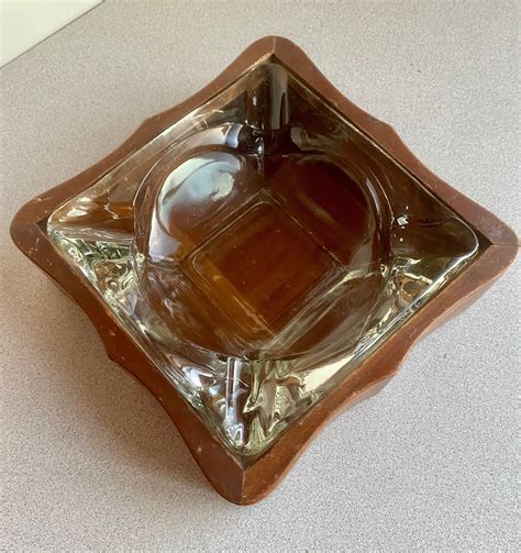 Vintage Clear Glass Square Cigar Ashtray In Square Wooden Etsy