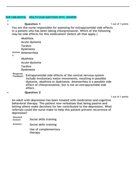 Nur 2488 Mental Health Exam Questions With Answers Nur 2488 Mer