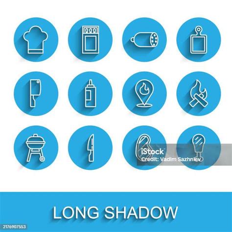 세트 라인 바베큐 그릴 칼 요리사 모자 스테이크 고기 닭 다리 소스 병 캠프 파이어 및 불꽃 아이콘이있는 위치 벡터 겨자에 대한 스톡 벡터 아트 및 기타 이미지 Istock