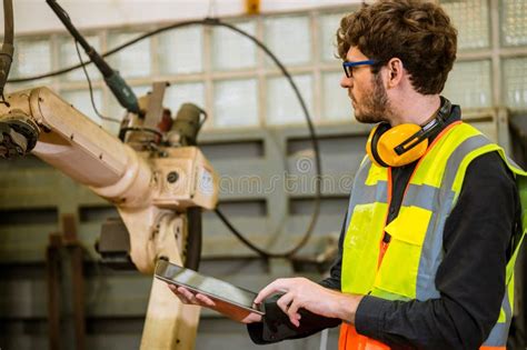 Smart Young Engineer Work Service Maintenace Programming Automatic Robot Welding Machine In