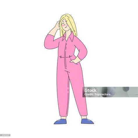 젊은 여자 캐릭터 서 있는 와 생각 보여주기 몸짓 벡터 일러스트 감정에 대한 스톡 벡터 아트 및 기타 이미지 감정 개념 결정 Istock