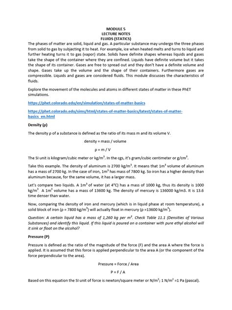 Fluid Statics Lecture Notes Pdf Buoyancy Density