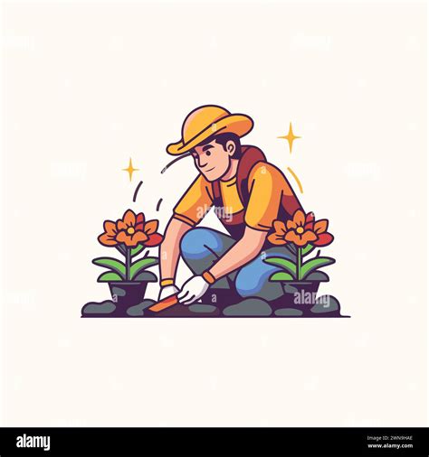 Gardener Planting Flowers Vector Illustration In Flat Cartoon Style