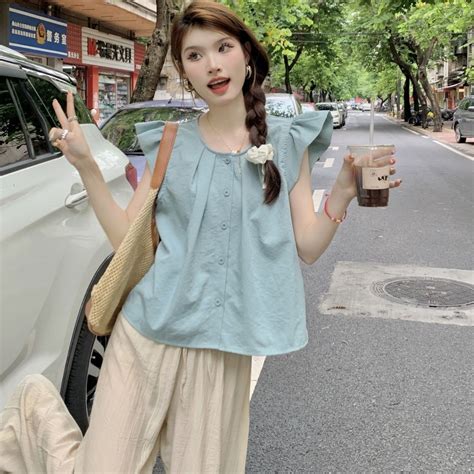 顯瘦上衣 辣妹氣質外穿無袖背心女夏季2024新款法式小衆襯衫藍色別緻上衣潮短闆上衣f 蝦皮購物
