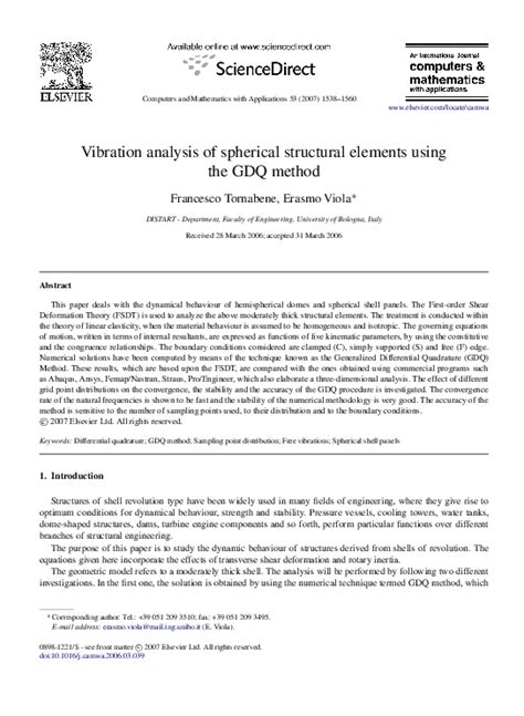 Pdf Vibration Analysis Of Spherical Structural Elements Using The Gdq
