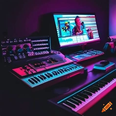 Professional Music Production Setup With Midi Keyboard Monitor Speakers And Pc Screen Professional Music Production Setup With Midi Keyboard Monitor Speakers And Pc Screen