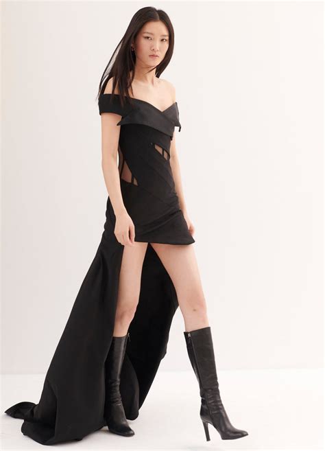 Off The Shoulder Corset Detail Gown In Black Double Faced Wool
