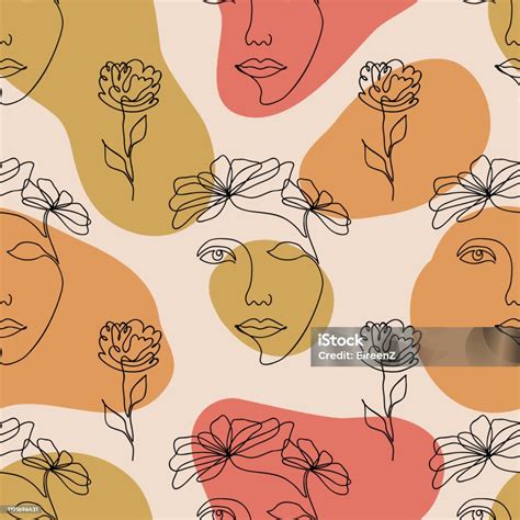 추상적인 꽃과 아름다운 젊은 여성과 기하학적 액체 모양을 그리는 한 줄의 벡터 원활한 패턴 패션 인쇄 섬유에 대한 손으로 그린 현대 미니멀리즘 디자인 기하 도형에 대한 스톡