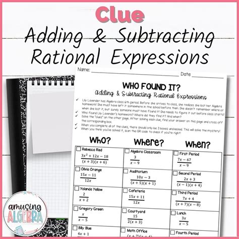 Adding And Subtracting Rational Expressions Clue Mystery Activity
