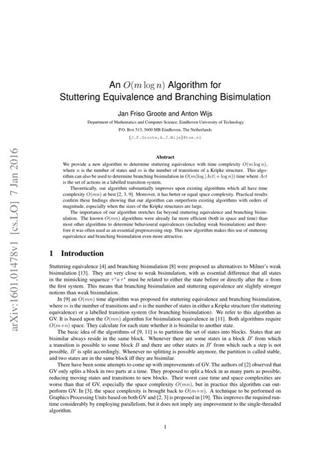 Pdf An Om Log N Algorithm For Stuttering Equivalence And Branching