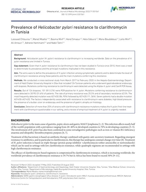 Pdf Prevalence Of Helicobacter Pylori Resistance To Clarithromycin In Tunisia