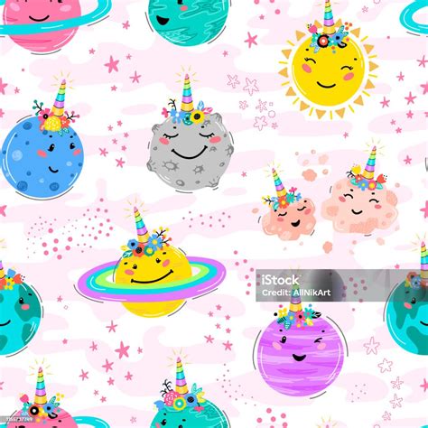 행성 태양 운석매직 유니콘 원활한 패턴 유니콘 뿔과 꽃 왕관귀여운 행성 웃는 얼굴입니다 어린이 티셔츠 인쇄 보육 디자인 생일 파티를위한 공간 벡터 배경 아이에 대한 스톡