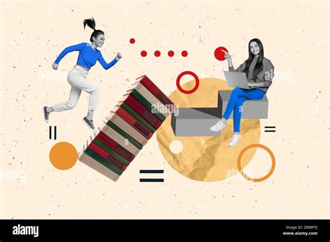 Creative Collage Of Two Black White Colors Mini Girls Use Netbook Run Point Finger Pile Stack