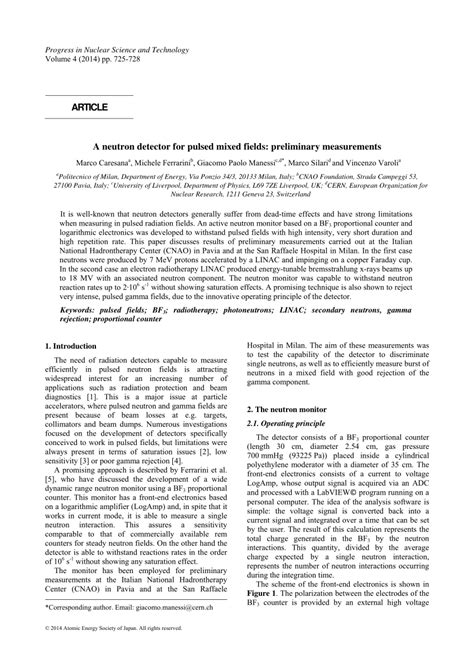 Pdf A Neutron Detector For Pulsed Mixed Fields Preliminary Measurements