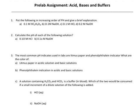Solved Prelab Assignment Acid Bases And Buffers 1 Put The