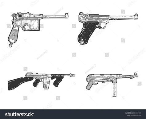 Weapons Pistols Submachine Guns Historical Set Stock Vector Royalty