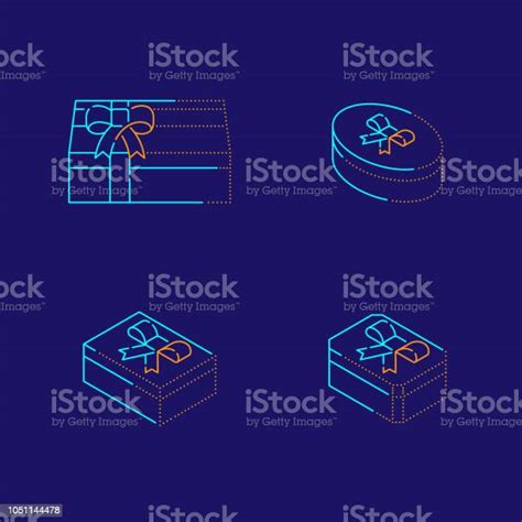 禮品盒3d 等距帶陰影圖示輪廓描邊設置虛線設計插圖在深藍色背景上隔離 向量 Eps 10向量圖形及更多包裹圖片 包裹 問候 圓形