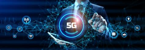 5g High Speed Internet Connection Concept Businessman Pressing Button On Screen Stock