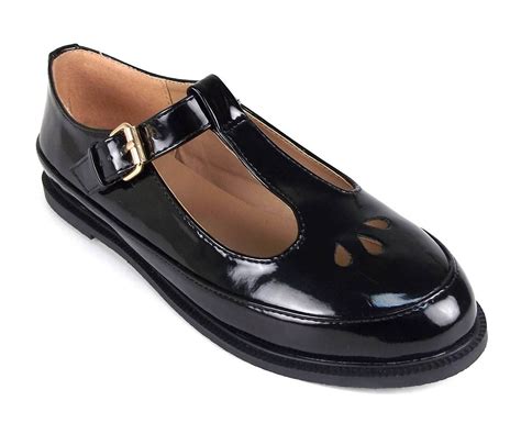 Ladies Women Girls Gold Buckle T Bar Geek Cut Out School Office Pumps