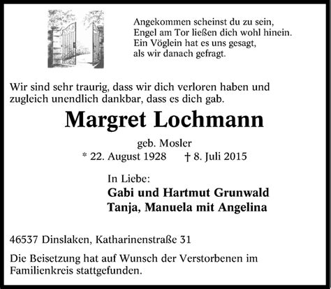 Traueranzeigen Von Margret Lochmann Trauer In Nrw De